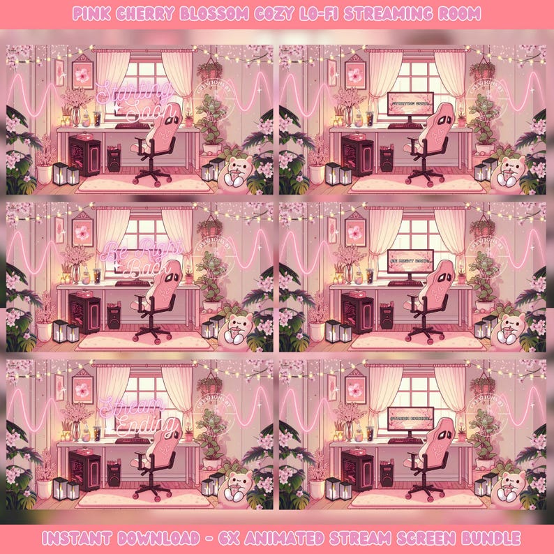 Pink Cherry Blossom Gaming Room Stream Screens | Animated Overlay Pack ...