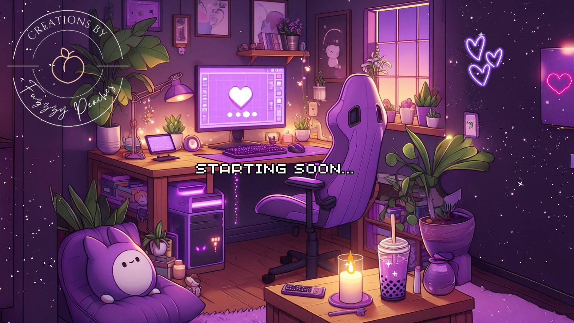 Cozy Purple Lo-fi Gaming Room Animated Stream Screen Package 6x ...