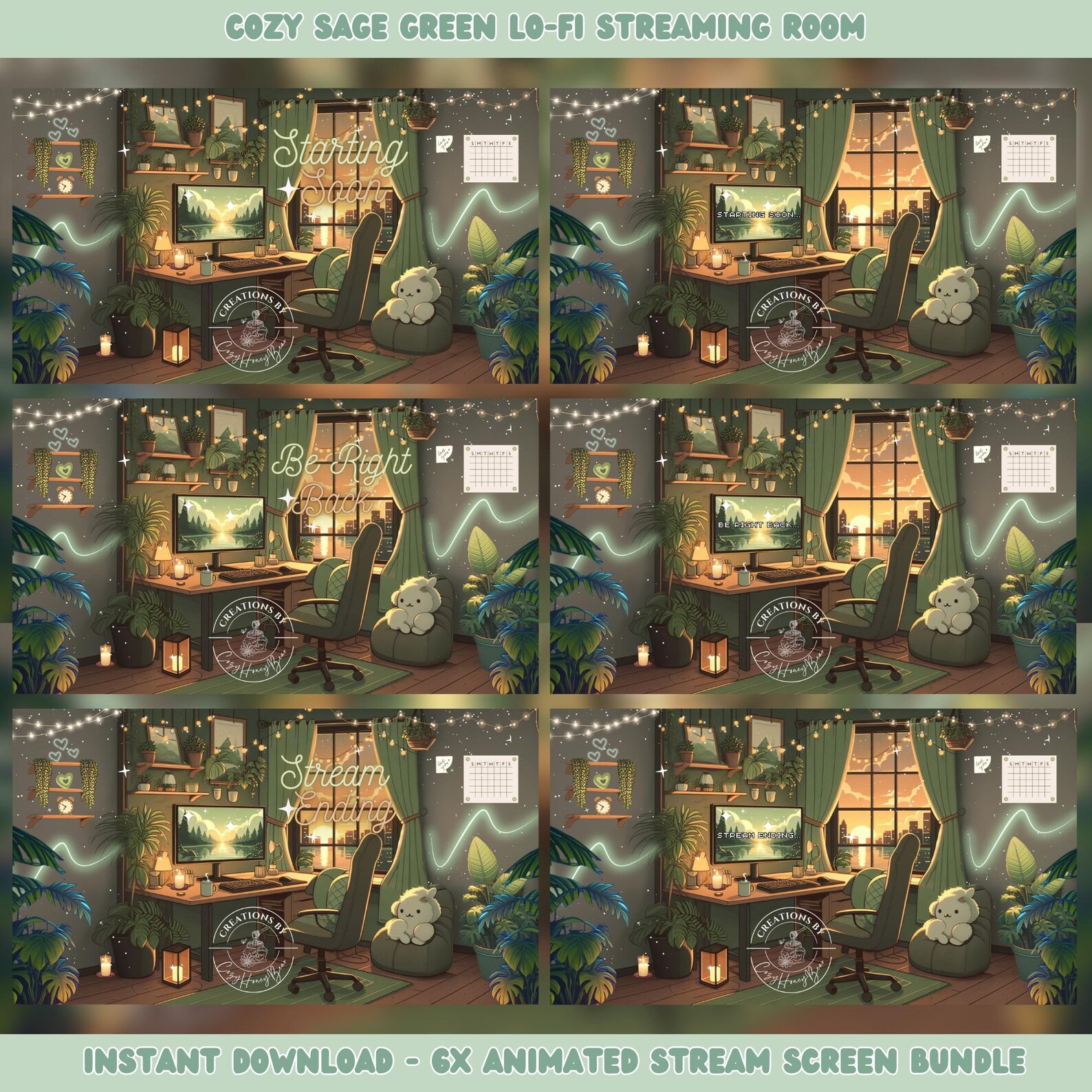 Cozy Sage Green Lo-fi Gaming Room Stream Screens (animated Digital ...