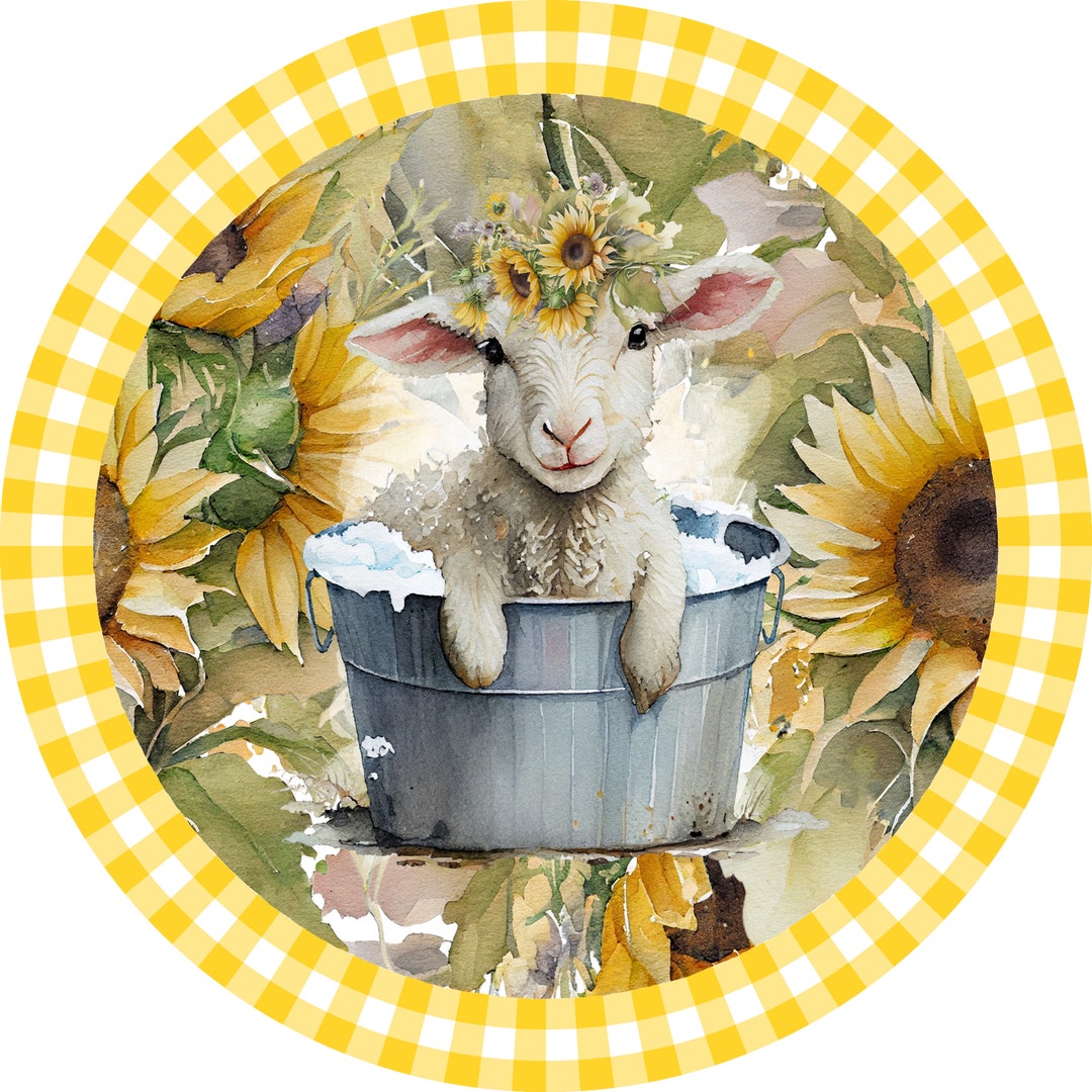 Gingham Frame Lamb, Sunflower Decor, Easter Lamb Sign, Round Wreath ...