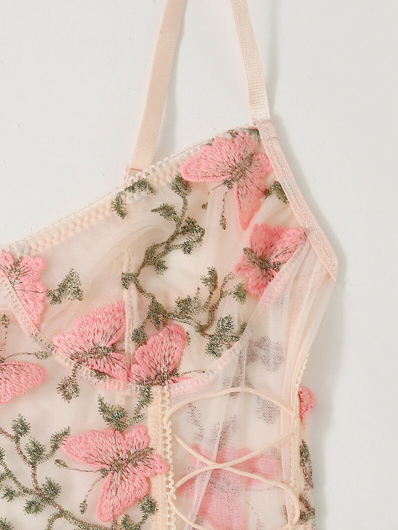 Sexy Mesh Lingerie Set Plus Size Embriodery Pink 2 Piece Etsy