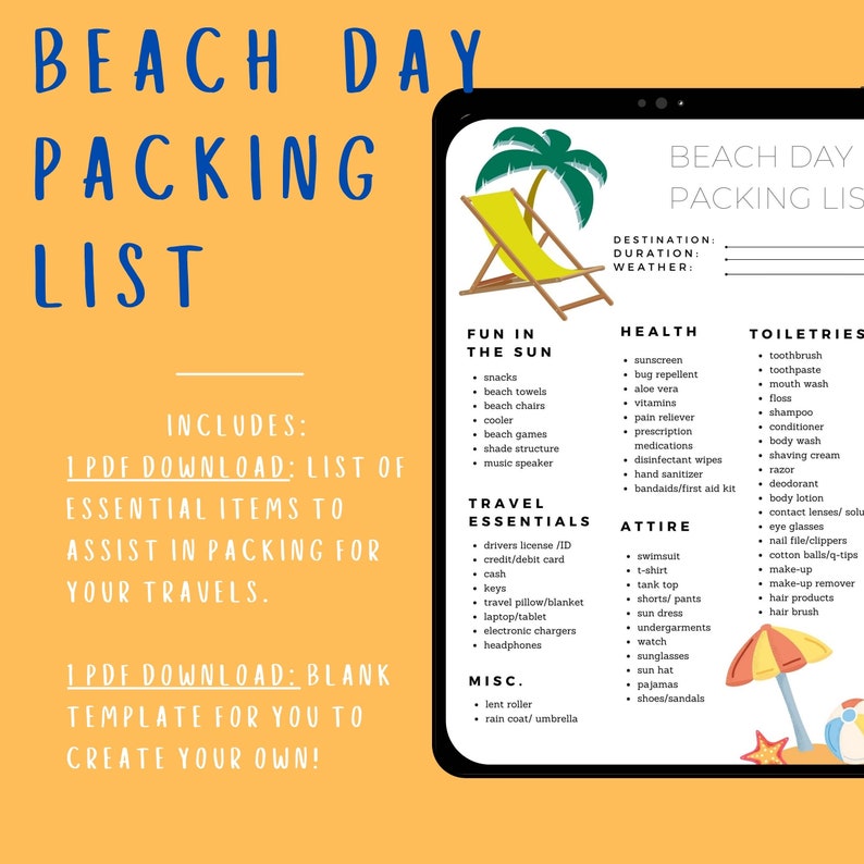 Beach Day Packing List - Etsy