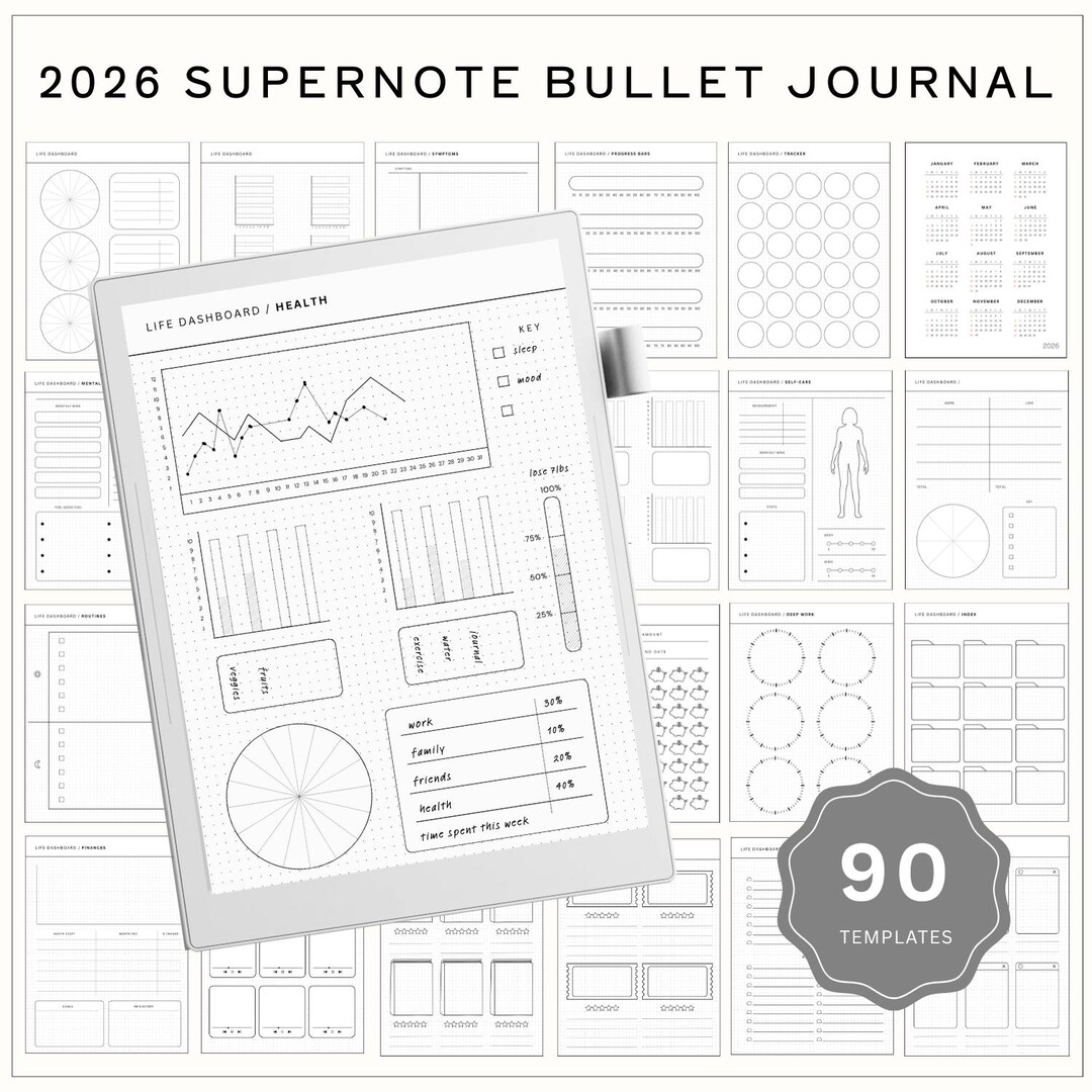 2026 Supernote Bullet Journal Bundle | 90 Templates + 800 No Trace ...