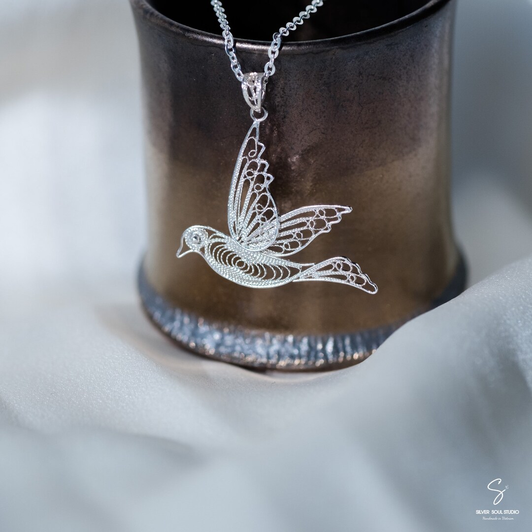 Bird Silver Necklace Handmade Filigree Dove Pendant Necklace - Etsy
