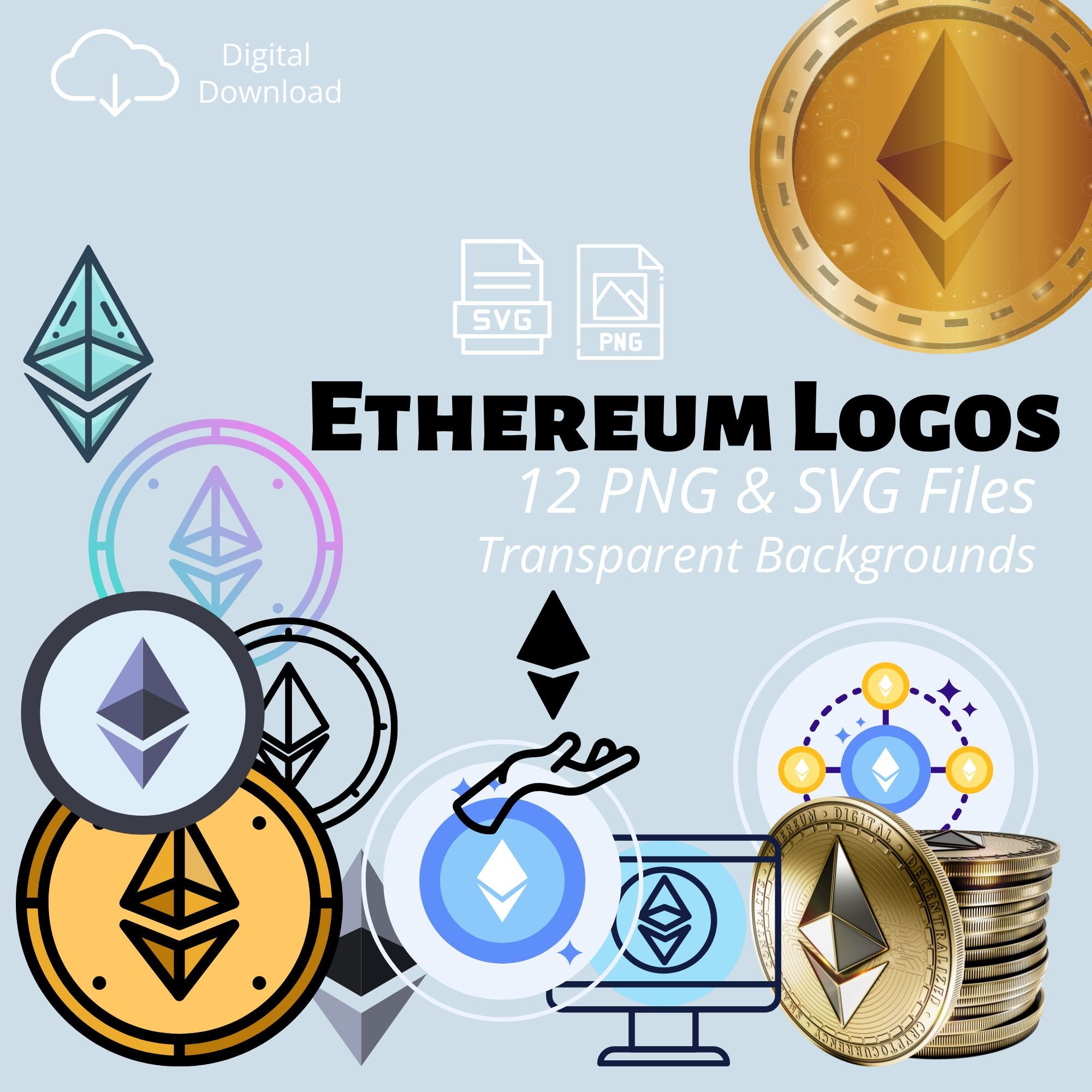 12x Ethereum Logos PNG & SVG Digital Download Cryptocurrency - Instant ...