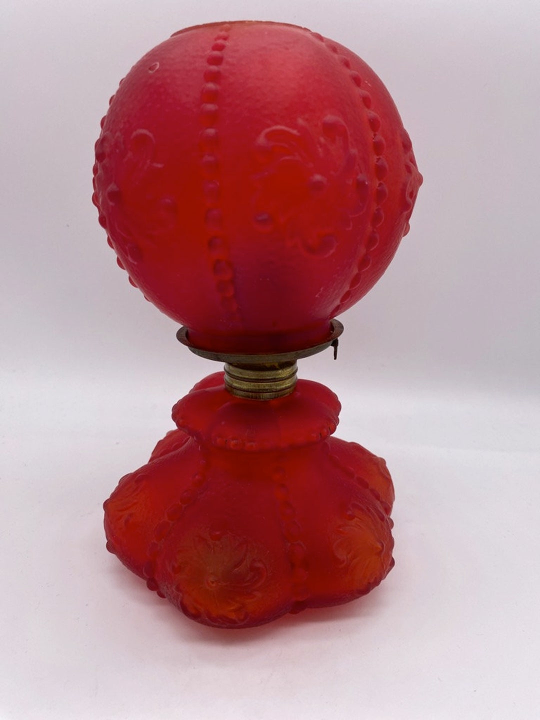 Antique Miniature Oil Lamp, Red Satin Embossed Beaded Panels, Textured ...