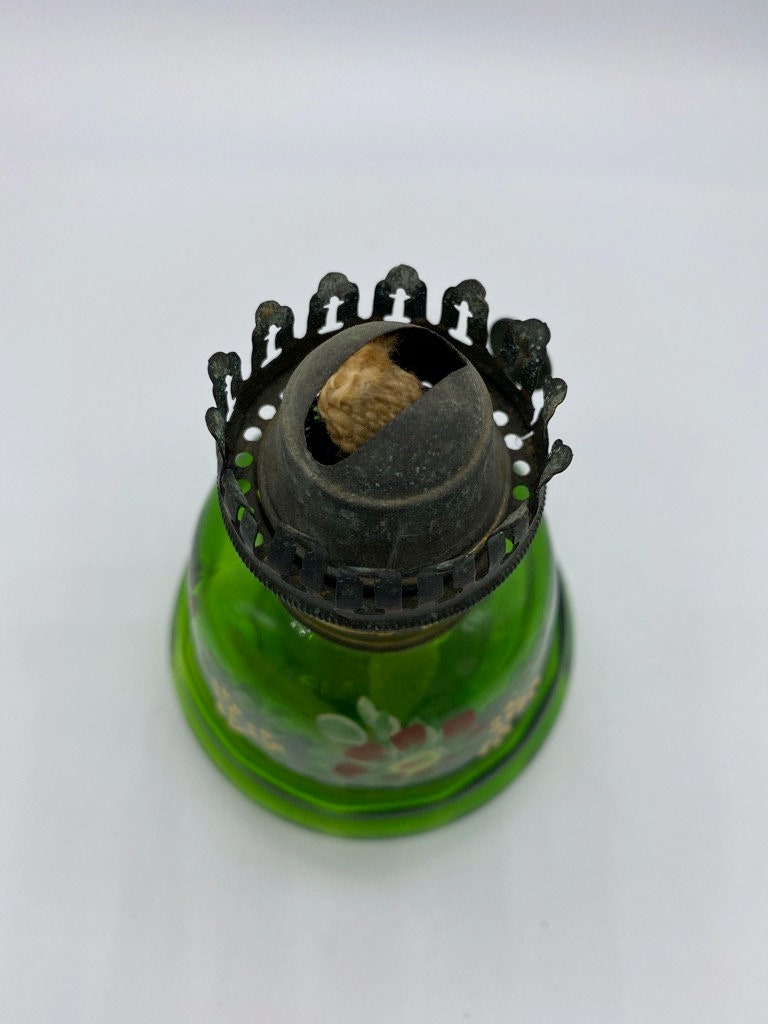 Antique Miniature Oil Lamp. Green Glass With Painted Flowers. - Etsy