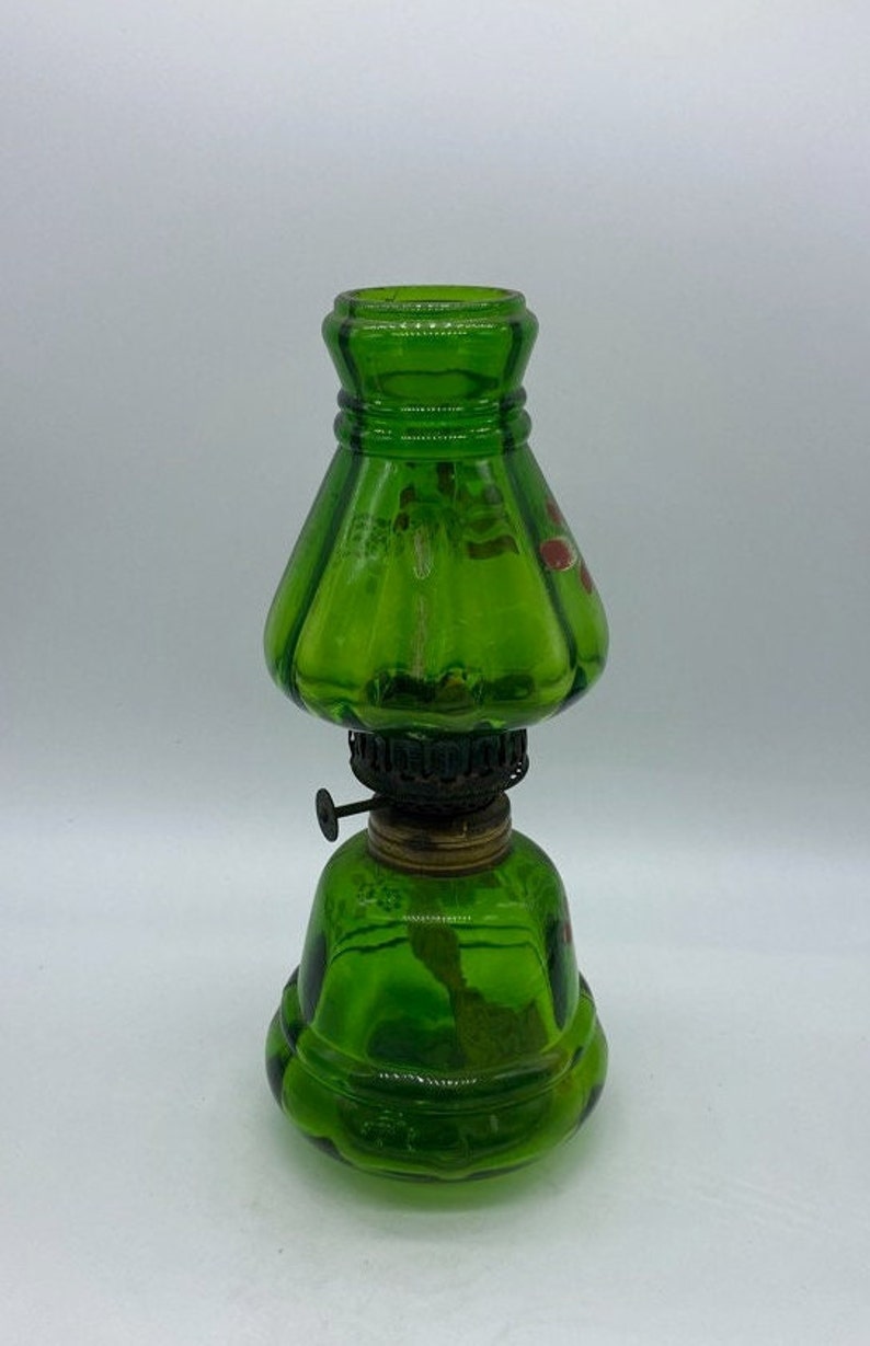 Antique Miniature Oil Lamp. Green Glass With Painted Flowers. - Etsy