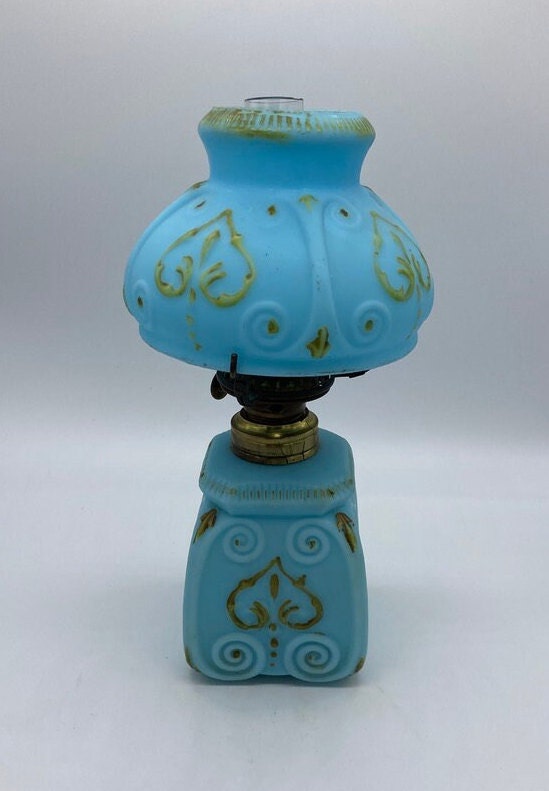 Antique Miniature Lamp: Blue Satin Milk Glass With Gold - Etsy