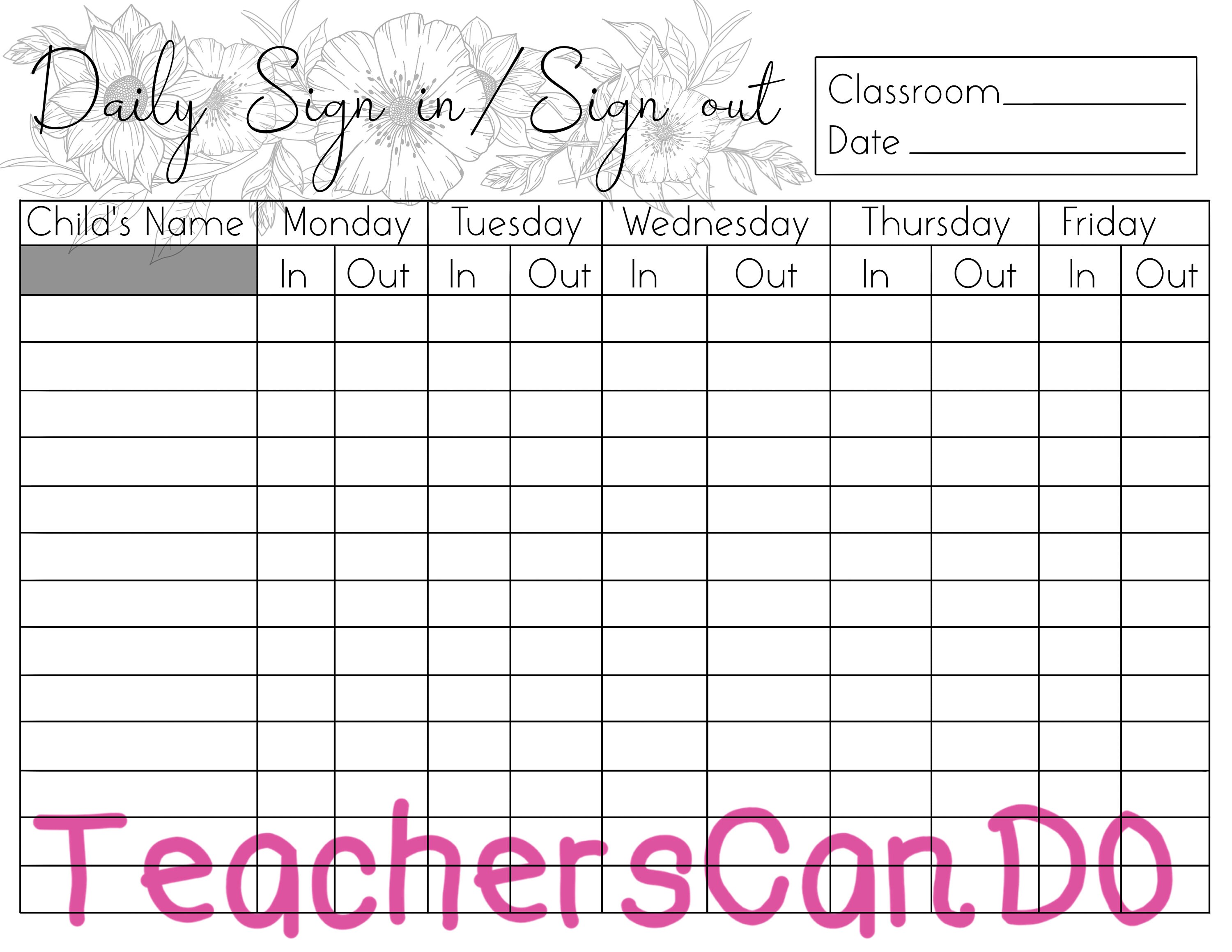 Parent Sign-in/out Sheets for Preschool and Daycare - 4 Themes ...