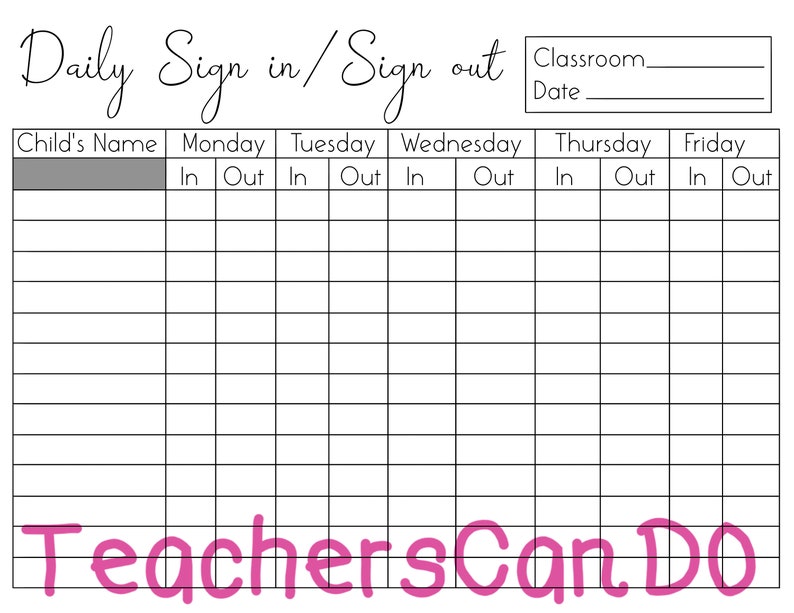 Parent Sign-in/out Sheets for Preschool and Daycare - 4 Themes ...