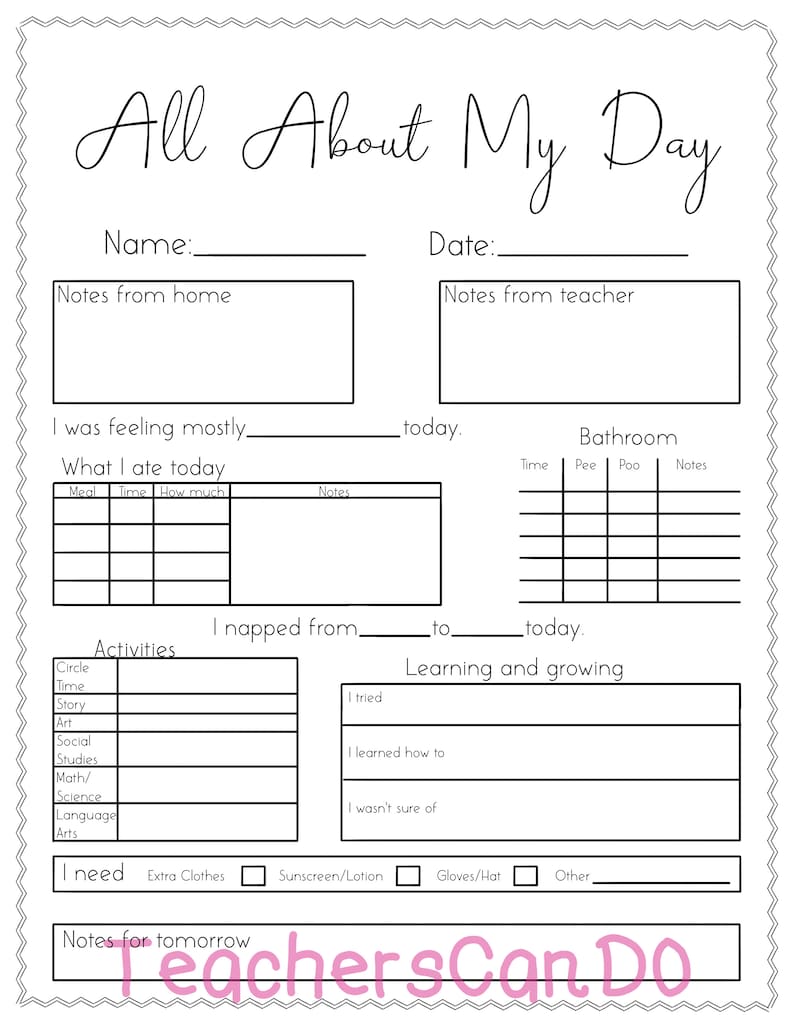 Preschool/daycare Daily Report All About My Day Printable - Etsy