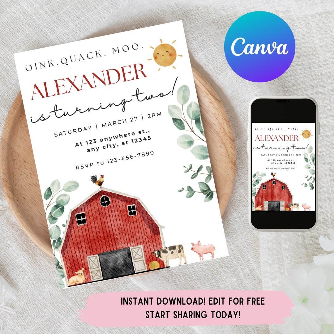 Editable Farm Birthday Party Invitation Template| Farm Barnyard 1st ...