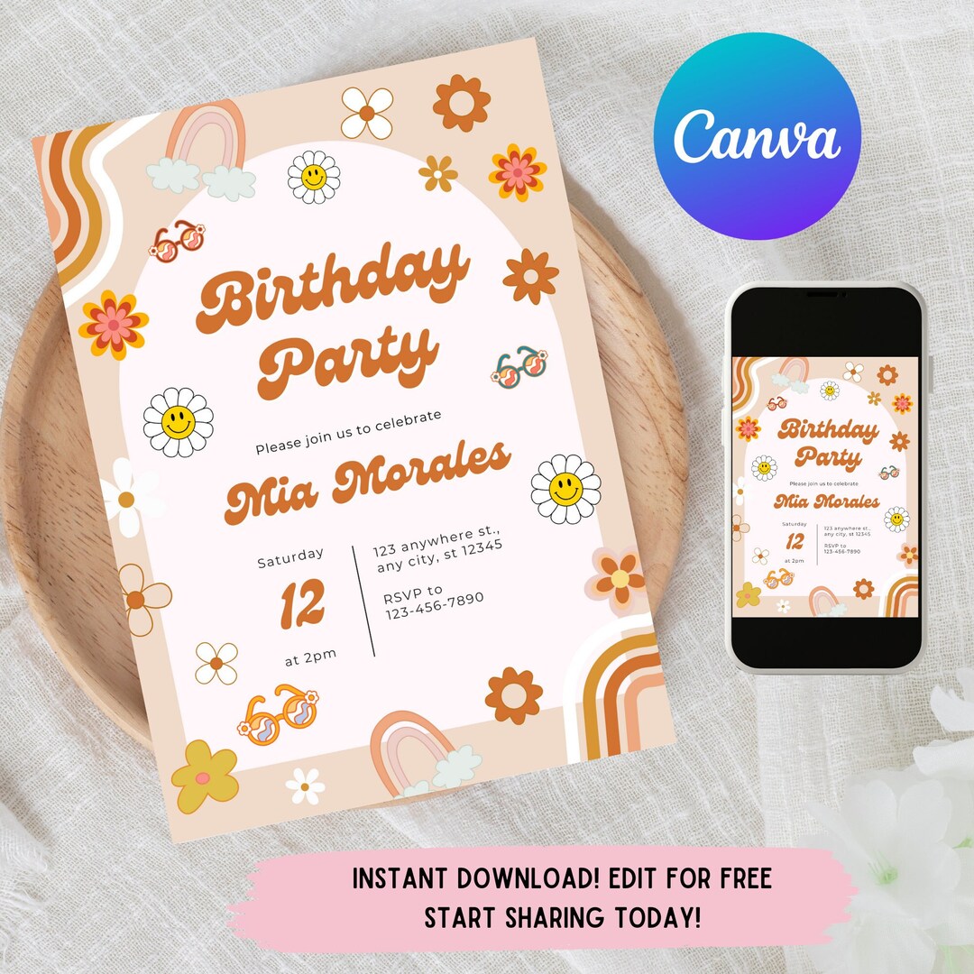 Editable ANY AGE, Hippie Party Invitation, Daisy Rainbow Birthday ...