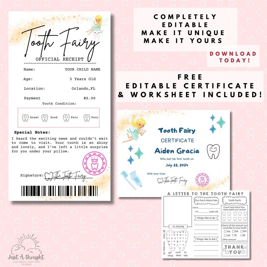 INSTANT EDITABLE Tooth Fairy Receipt Printable First Tooth Lost ...