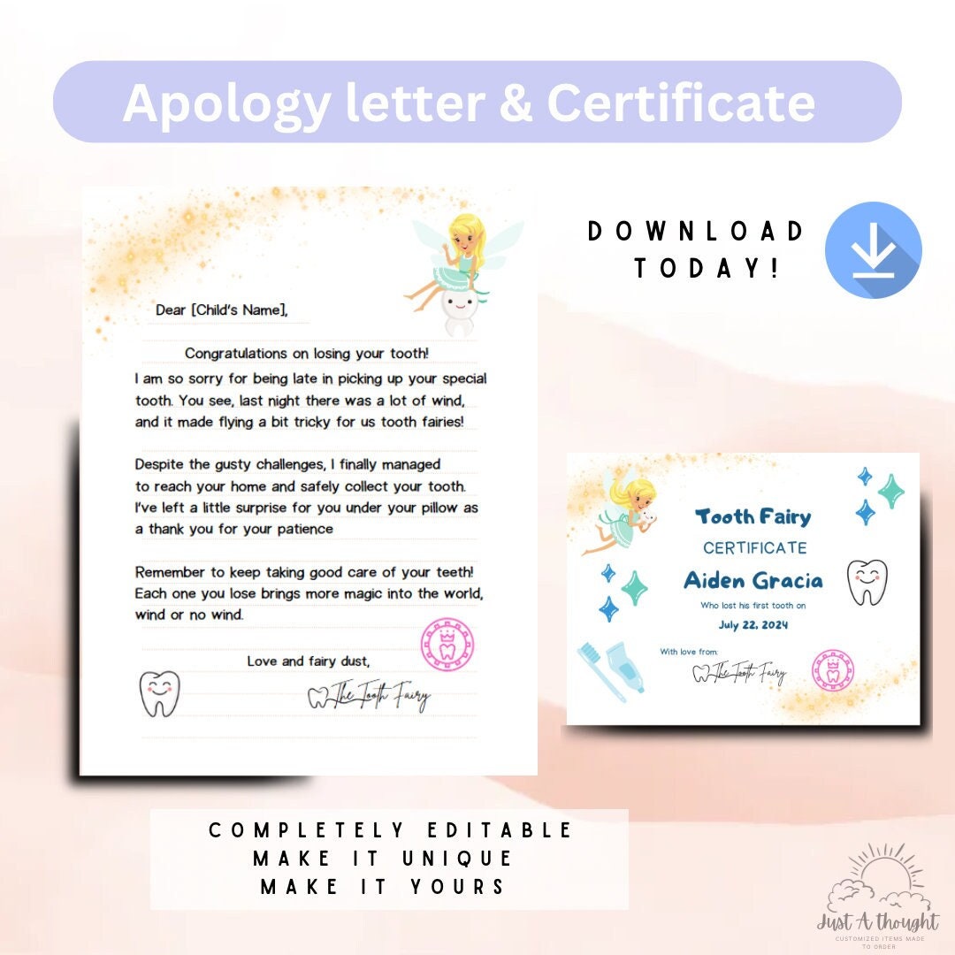 INSTANT EDITABLE Apology Tooth Fairy Letter and Certificate First Tooth ...