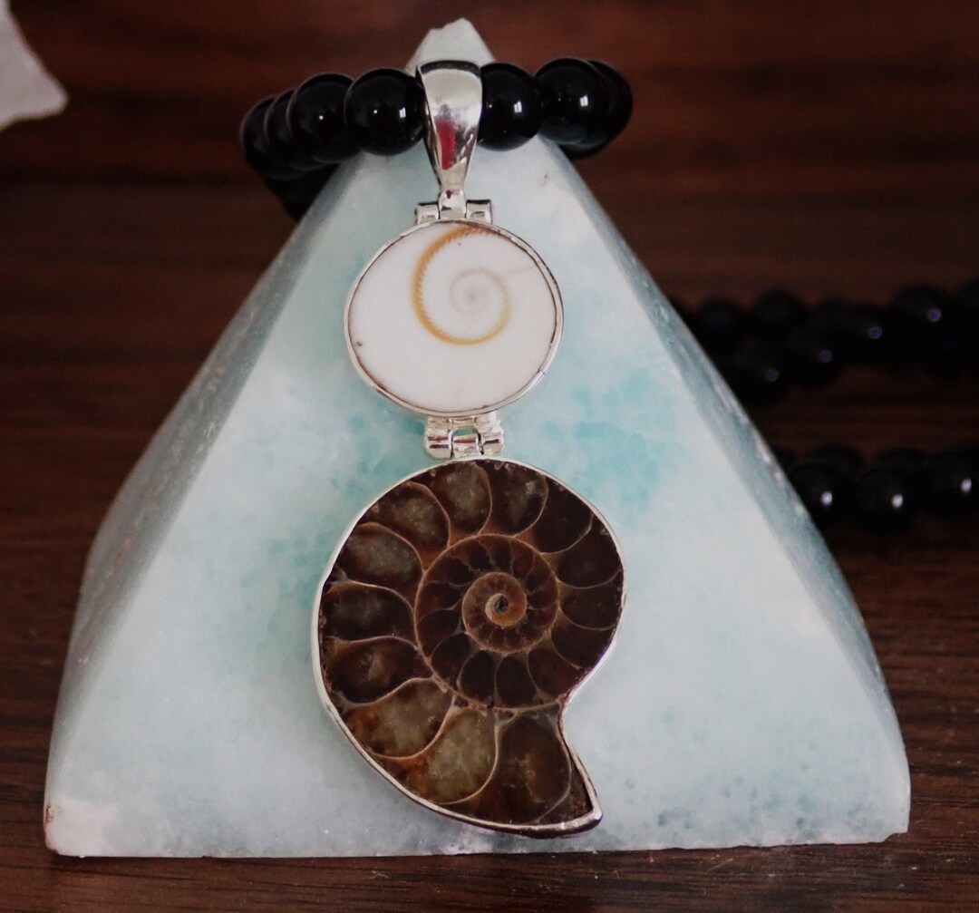 Ammonite Fossil Shiva Shell 925 Sterling Silver Pendant Onyx Gemstones ...