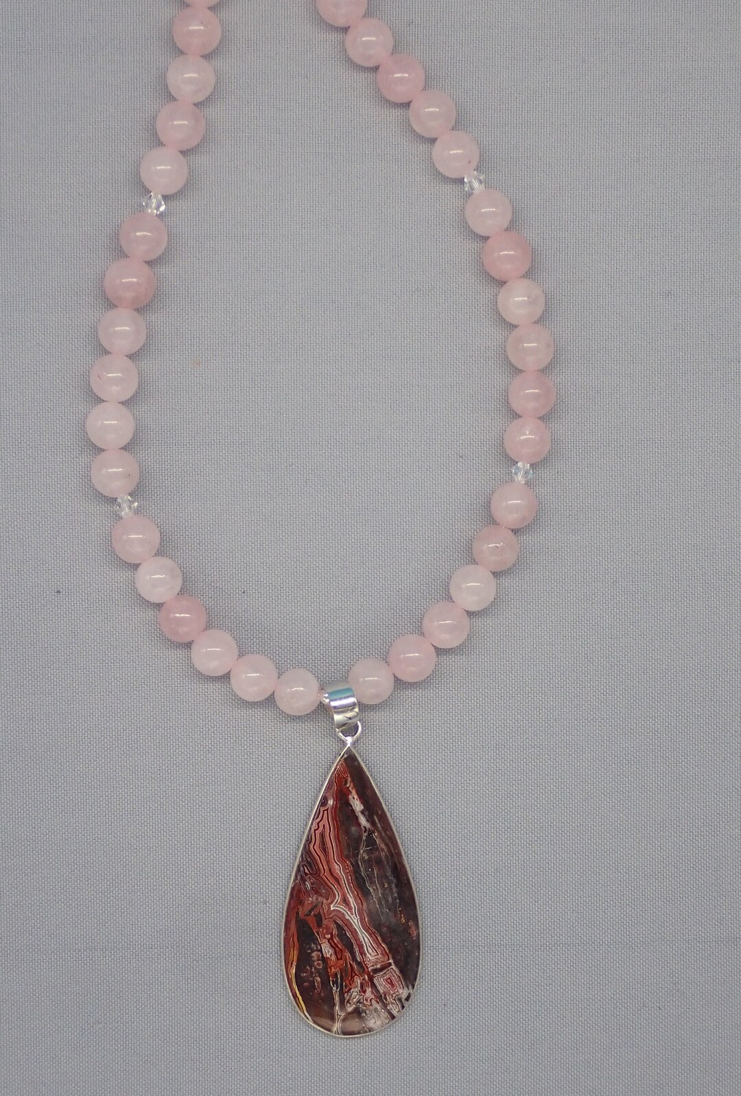 Laguna Lace Agate 925 Sterling Silver Long Pendant Rose Quartz ...