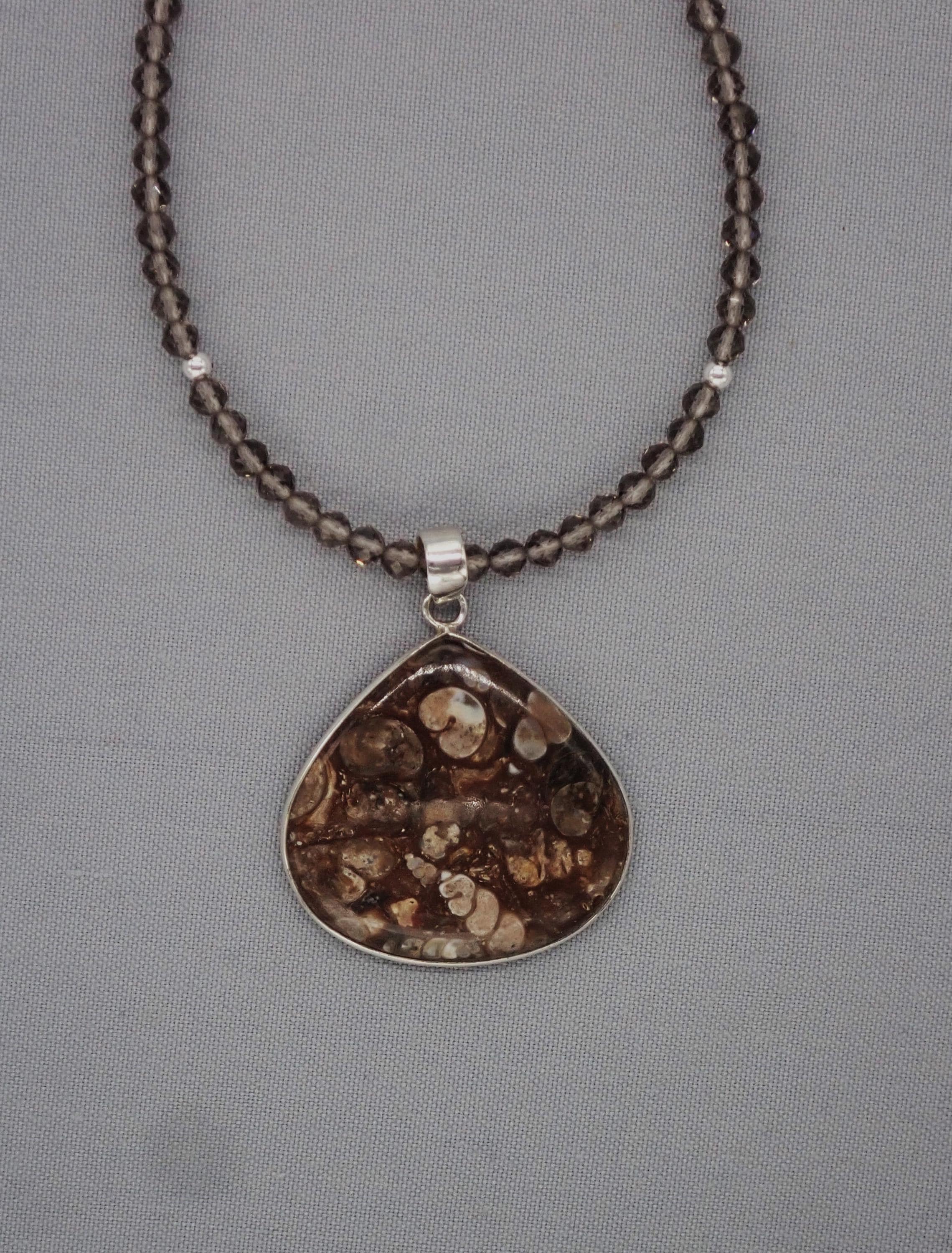 Turritella Shell Fossils 925 Sterling Silver Pendant Obsidian Gemstones ...