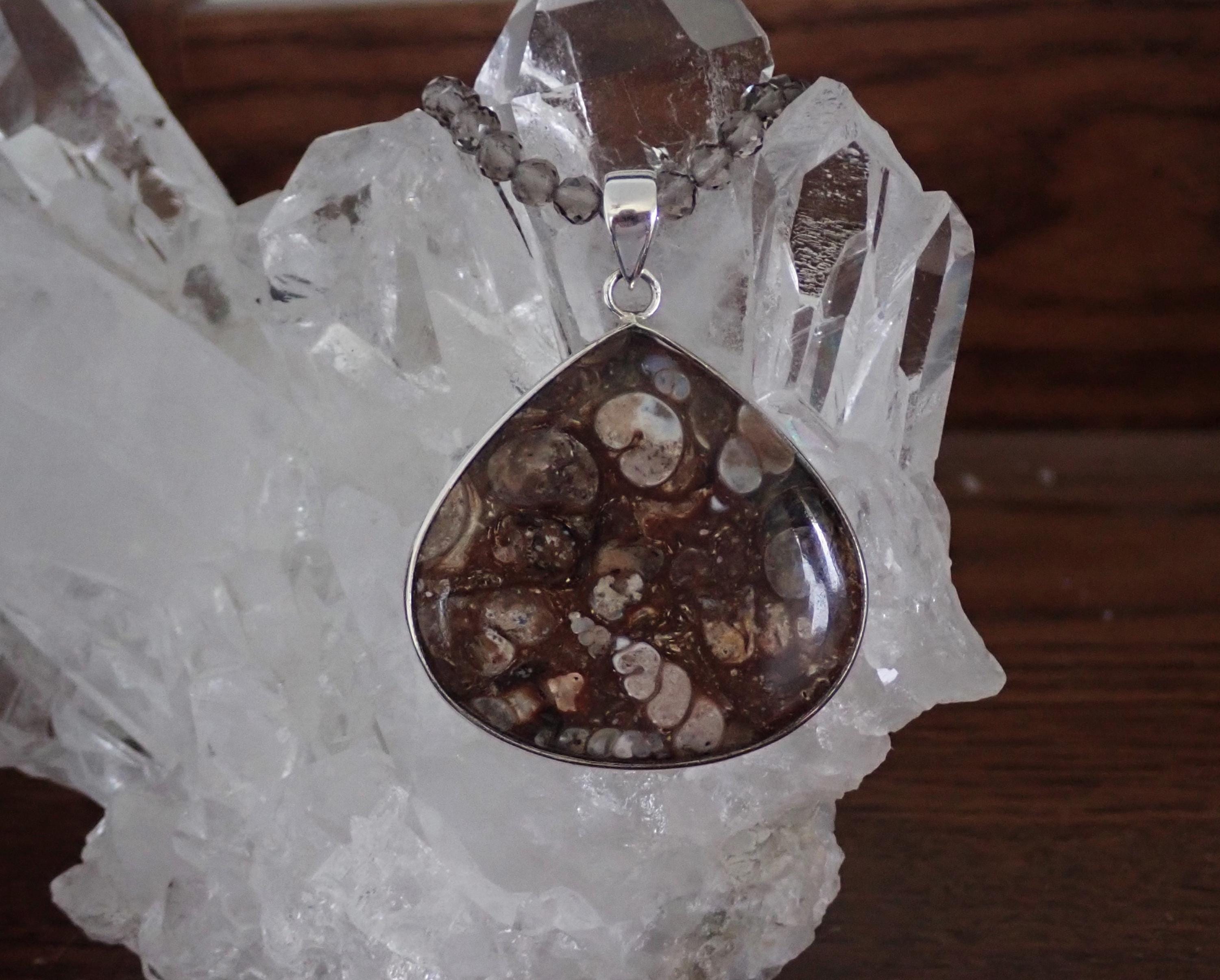 Turritella Shell Fossils 925 Sterling Silver Pendant Obsidian Gemstones ...