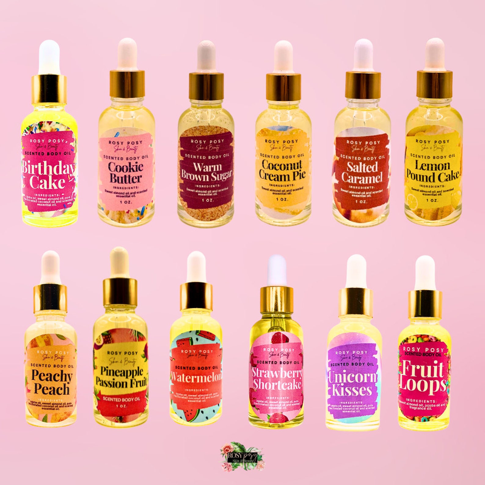 Set of 12 Scented 1 Oz. Body Oils, Fruit Loops, Unicorn, Strawberry ...