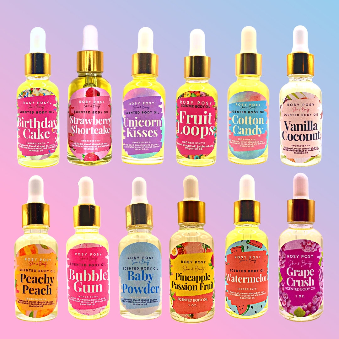 Set of 12 Scented 1 Oz. Body Oils, Fruit Loops, Unicorn, Strawberry ...