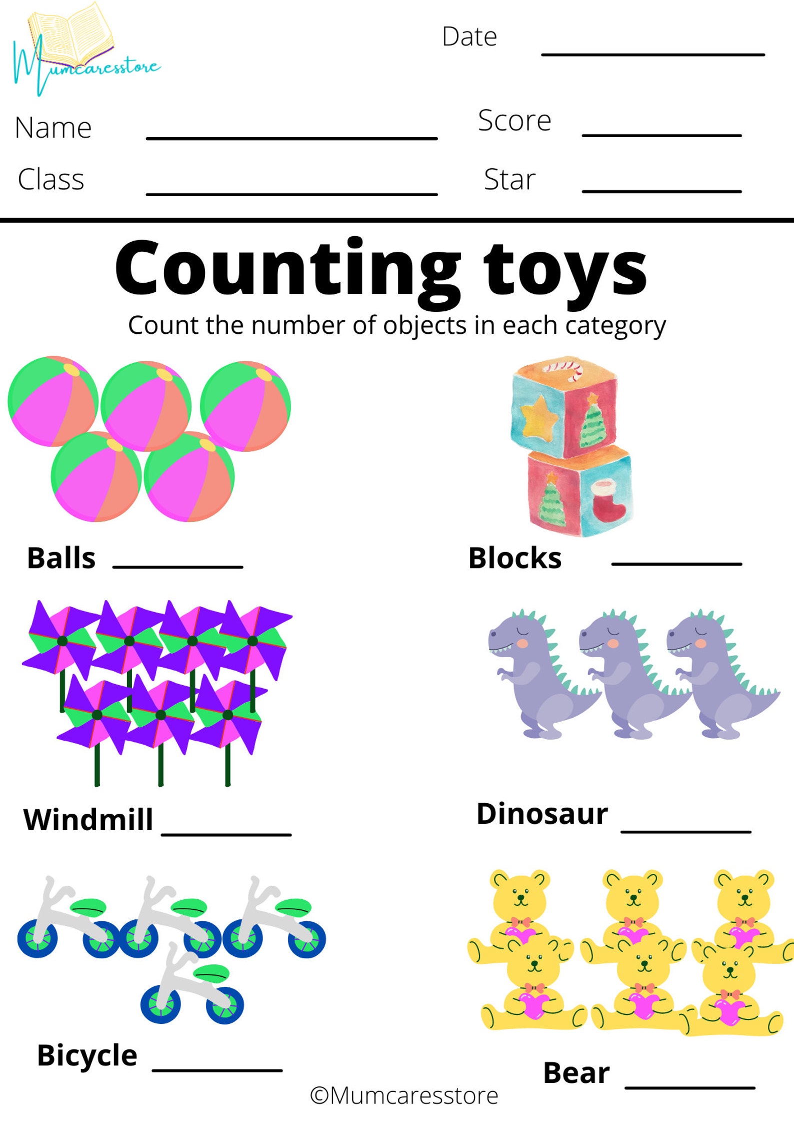 Counting with toys Maths Printable Worksheet for pre-school | Etsy