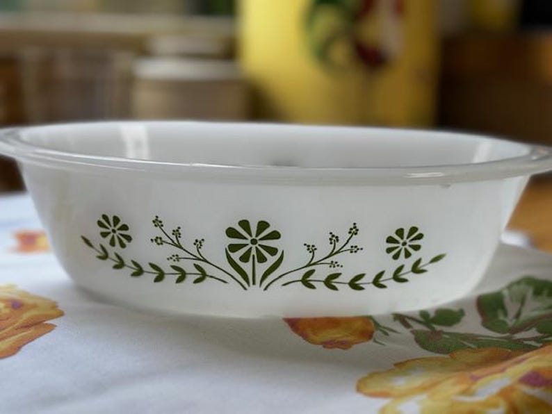 Vintage Green Daisy Glasbake Milk Glass Serving Dish Made in USA - Etsy
