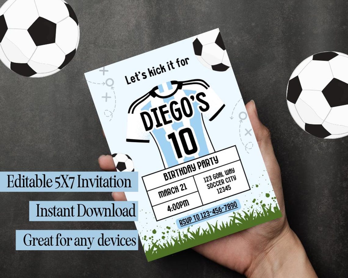 Editable Soccer Birthday Invitation Card Template | Messi Birthday ...