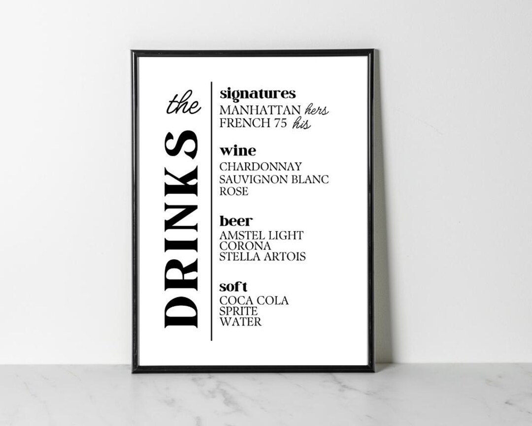 Editable Elegant Wedding Drinks Menu Sign Template | Signature Drinks ...