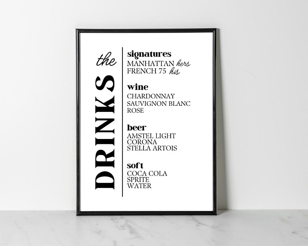 Editable Elegant Wedding Drinks Menu Sign Template | Signature Drinks ...