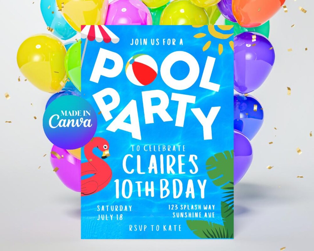 Blue Pool Party Birthday Invitation | Hawaiian Pool Party Invitation ...