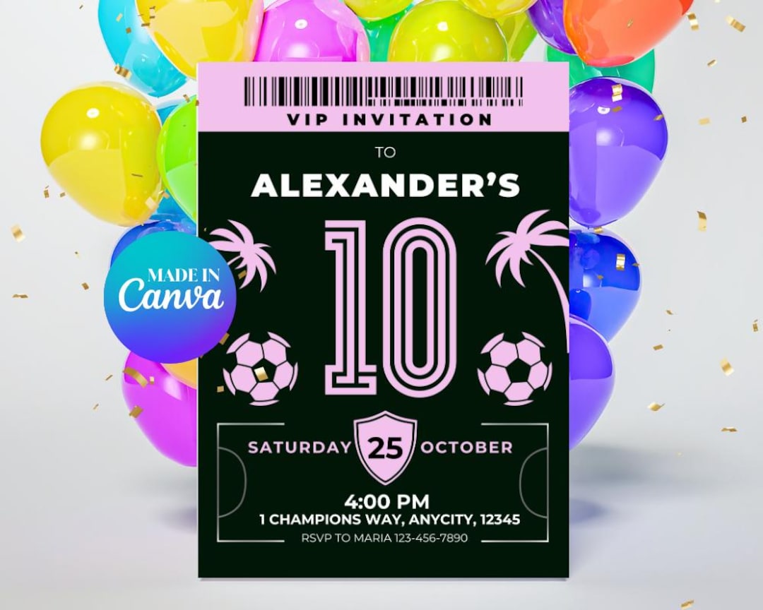 Editable Inter Miami FC Birthday Invitation | Canva Template | Soccer ...
