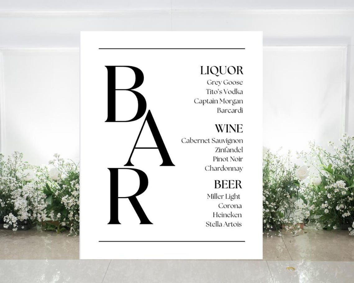 Black and White Wedding Bar Sign, Canva Template, Wedding Drink Sign ...