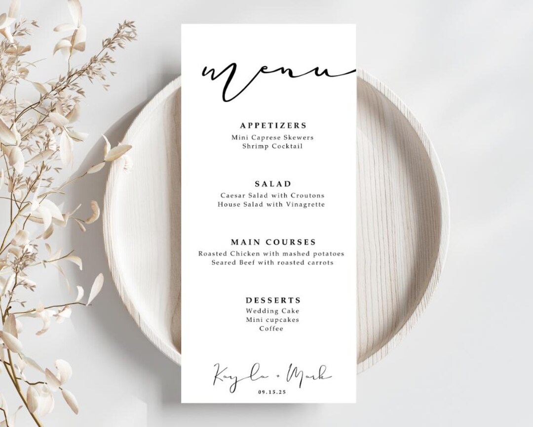 Minimalist Wedding Menu Template | Modern Script Wedding Dinner Menu ...