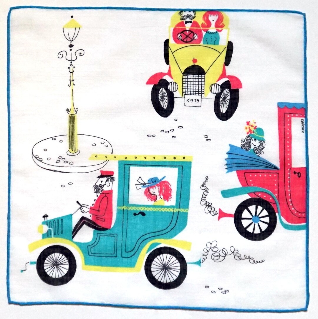 60s Handkerchief Vintage Car Illustration Eva Wenzel-bürger - Unused - Etsy