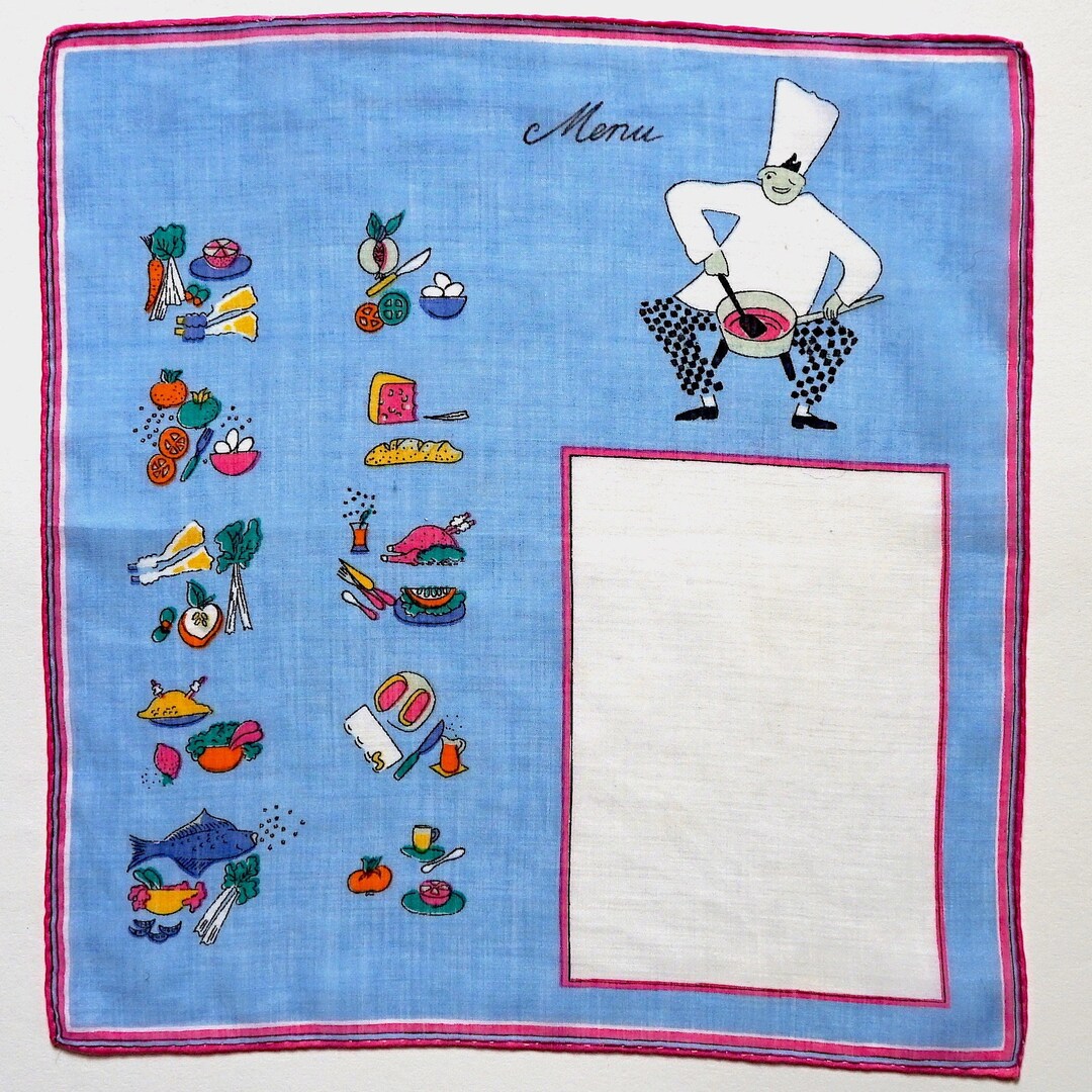 60s Handkerchief With Cook and Menu - Etsy