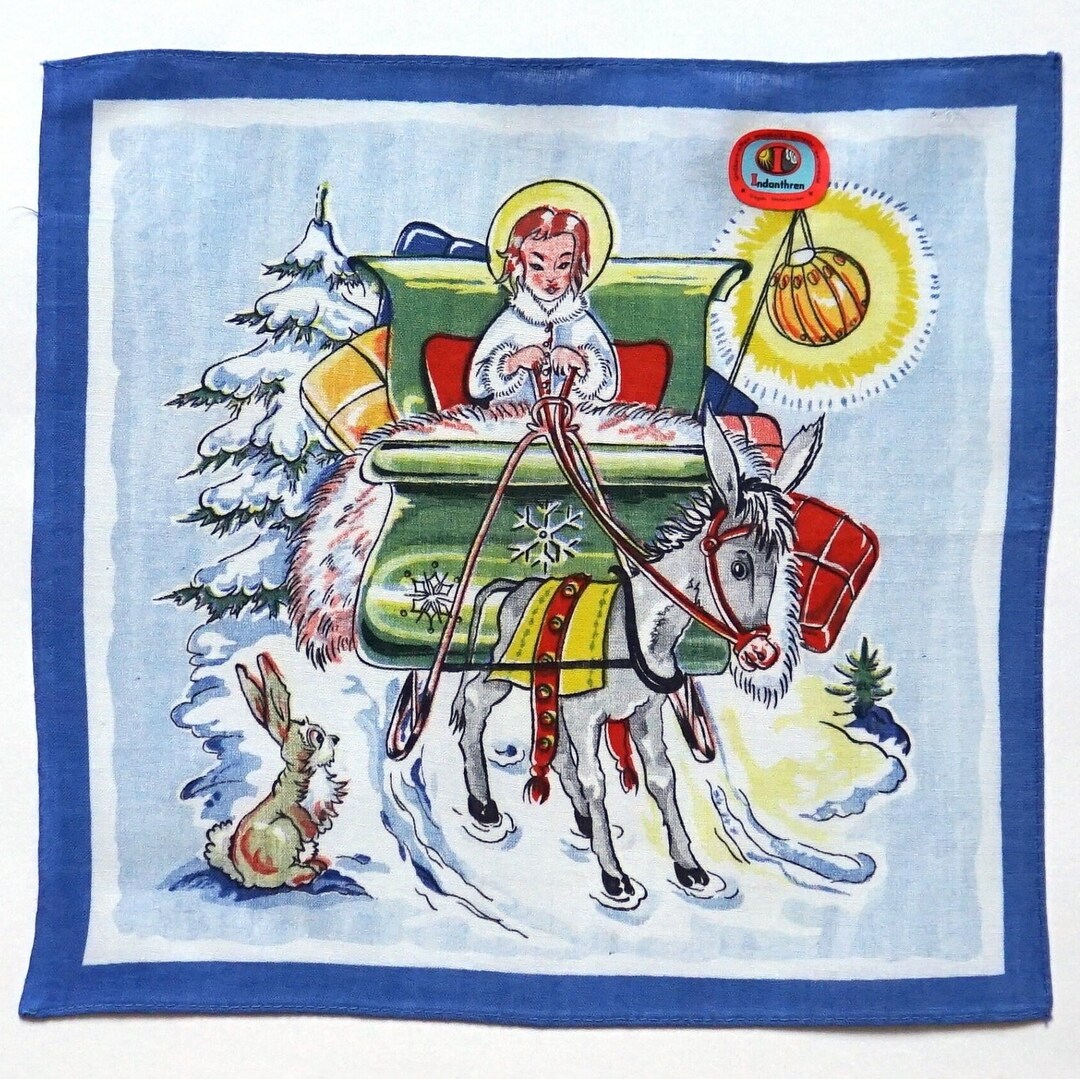 60s Santa With Donkey and Gifts Handkerchief - Etsy
