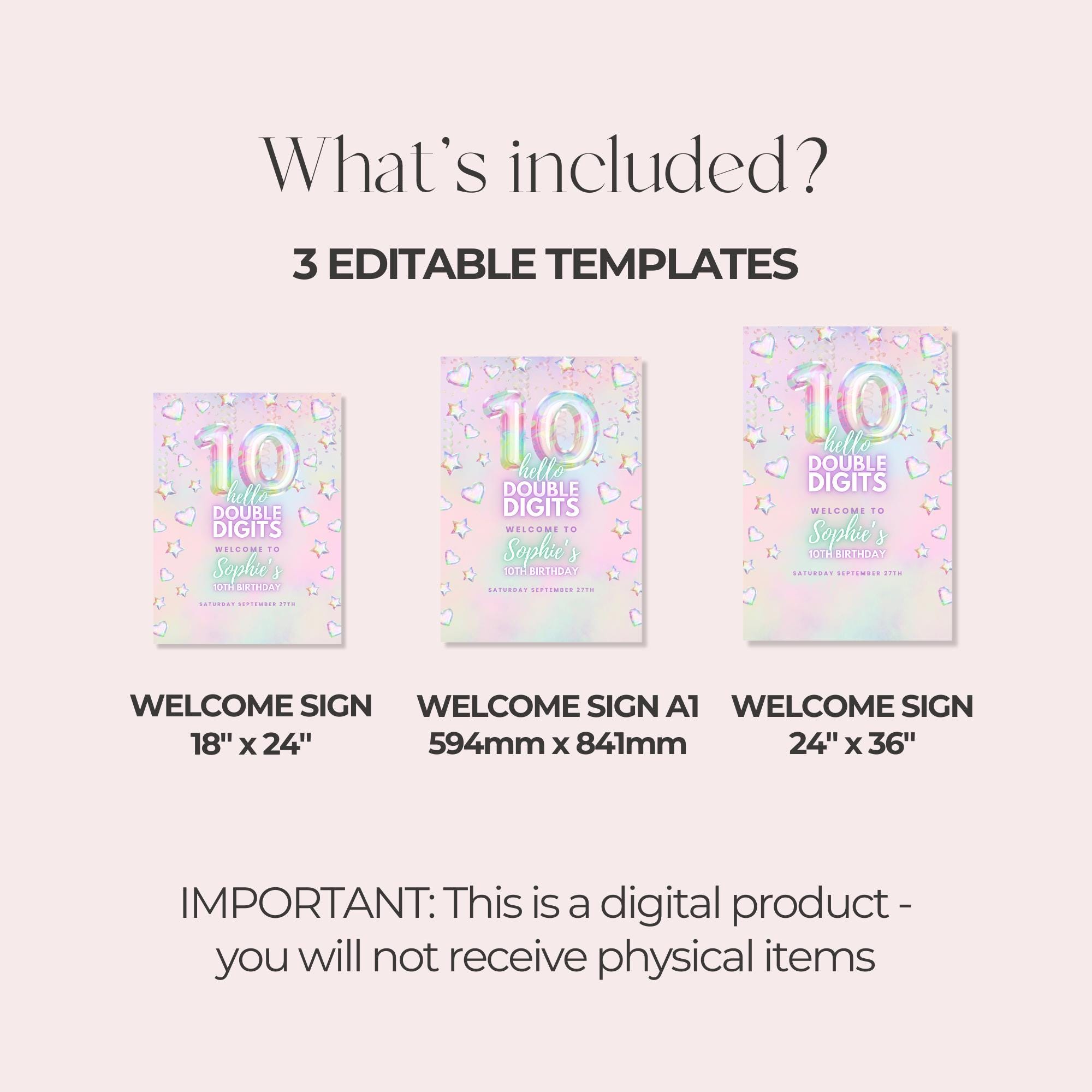 Hello Double Digits Welcome Sign 10th Birthday Editable Neon Pink Tenth ...