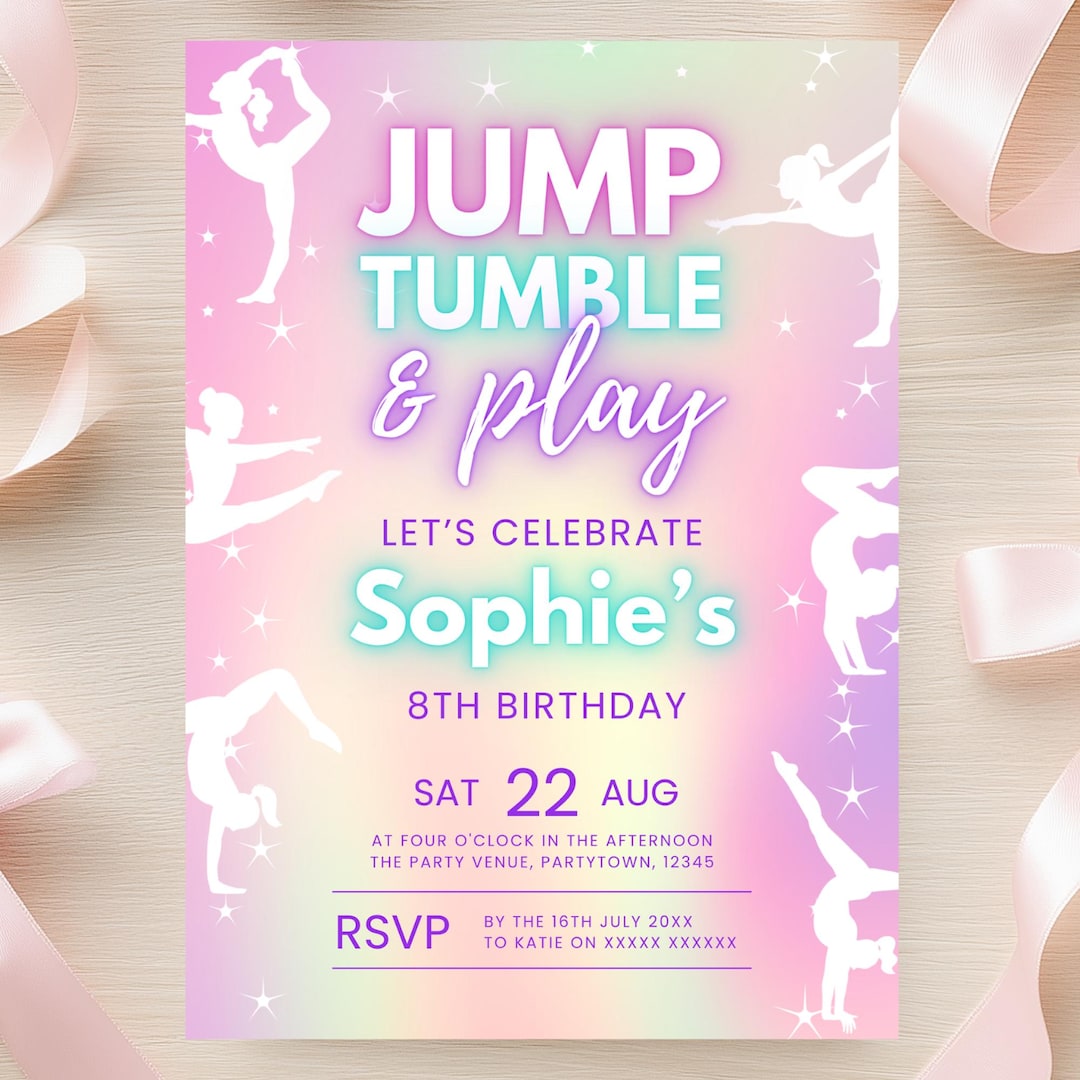 Editable Gymnastics Birthday Invitation Jump Tumble Play Neon Birthday ...