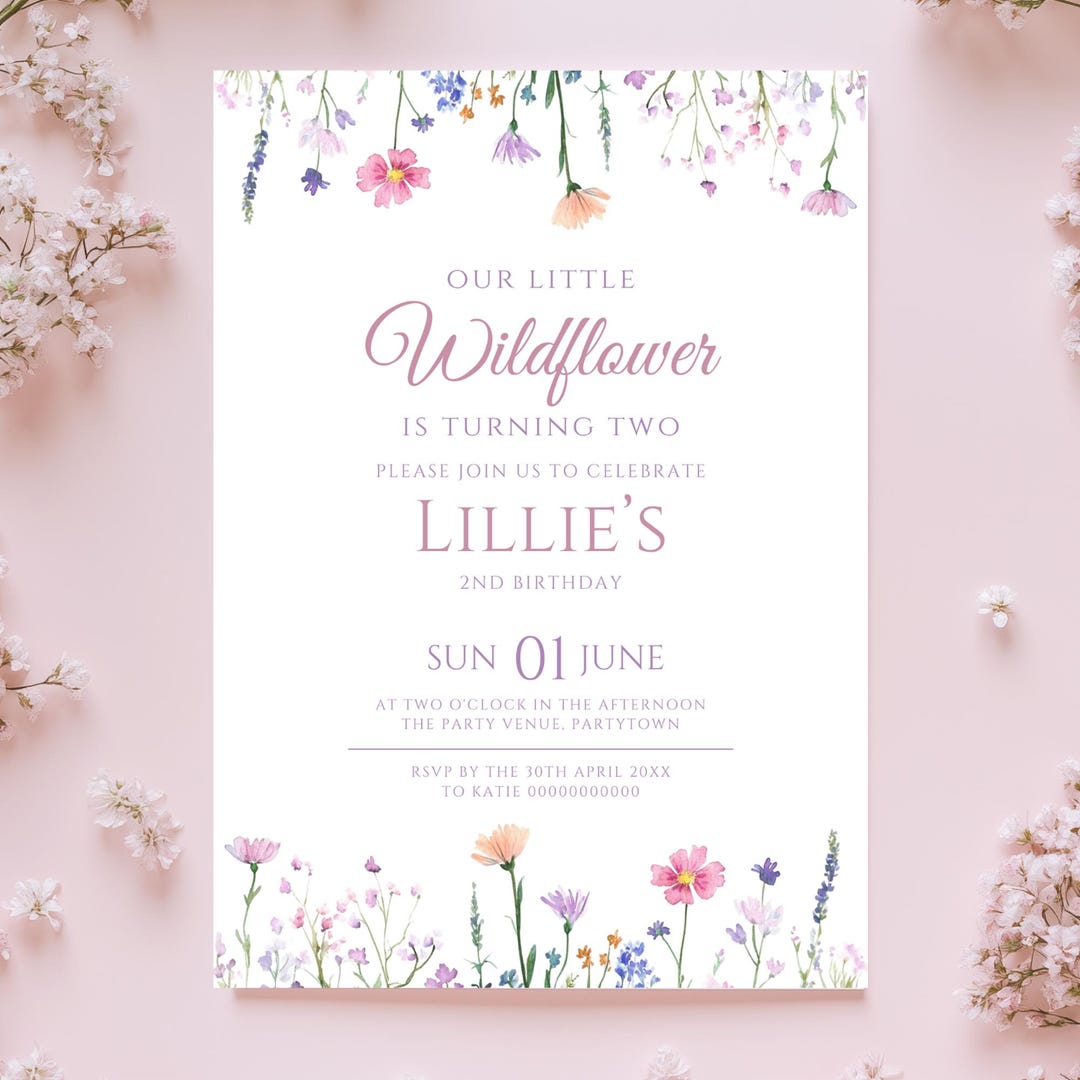 Wildflower 2nd Birthday Invitation Little Flower Second Birthday Invite ...