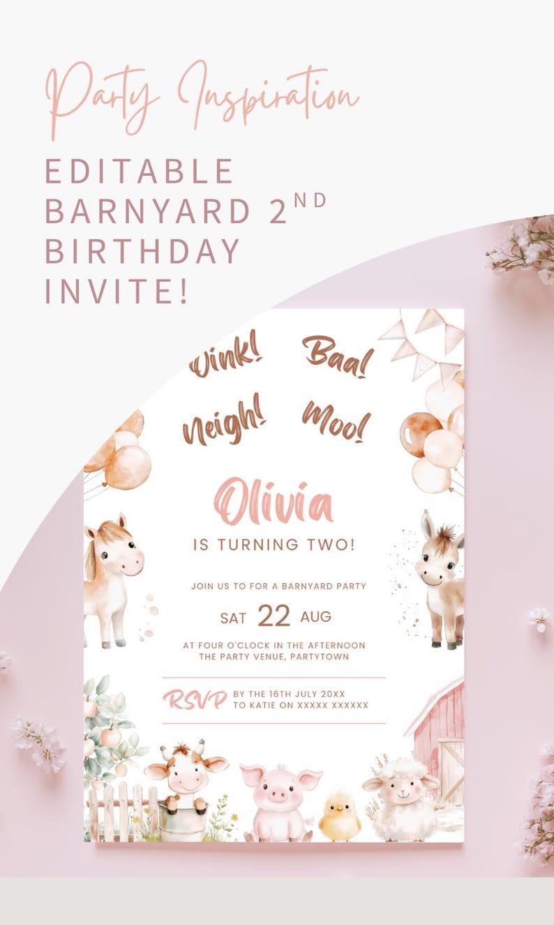 Barn Yard 2nd Birthday Party Invitation Farm Neigh Oink Baa Moo Cow ...