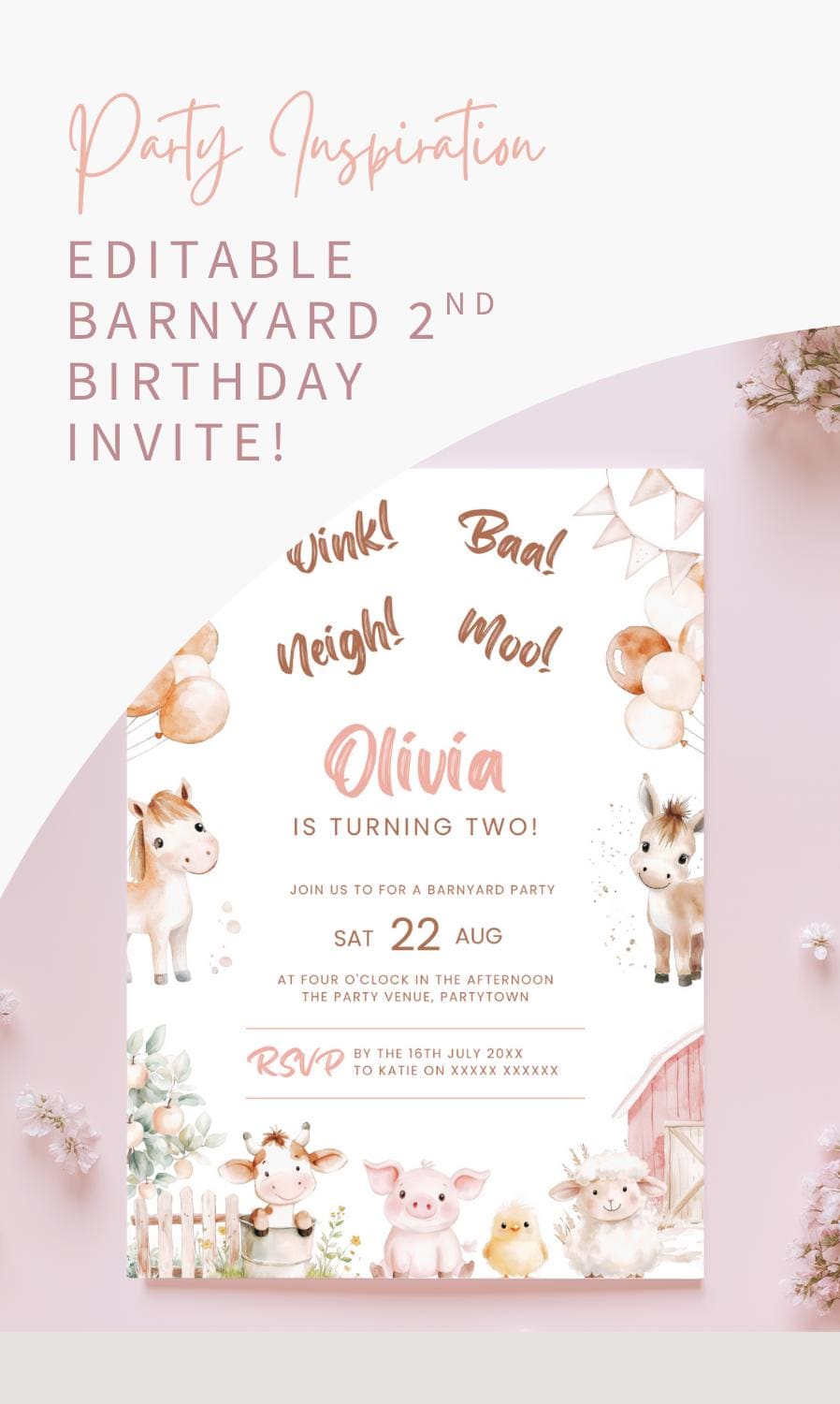 Barn Yard 2nd Birthday Party Invitation Farm Neigh Oink Baa Moo Cow ...