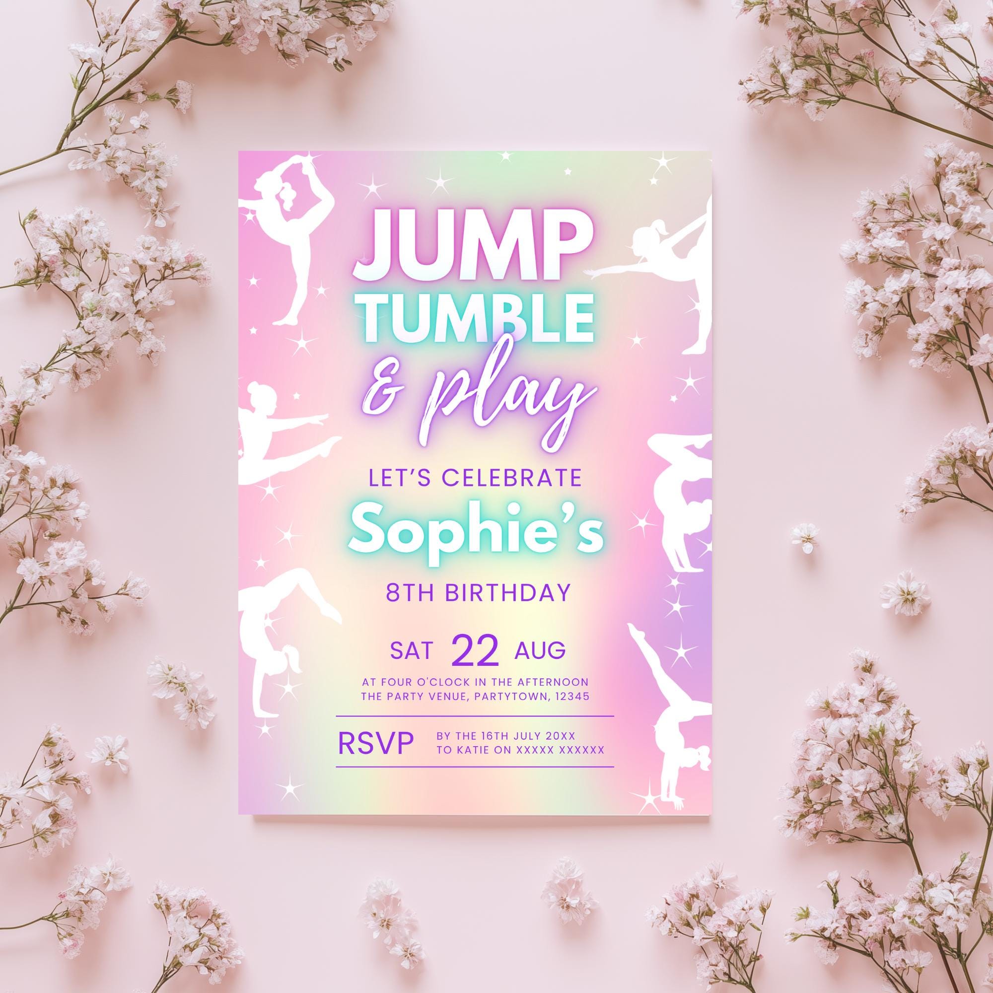 Editable Gymnastics Birthday Invitation Jump Tumble Play Neon Birthday ...