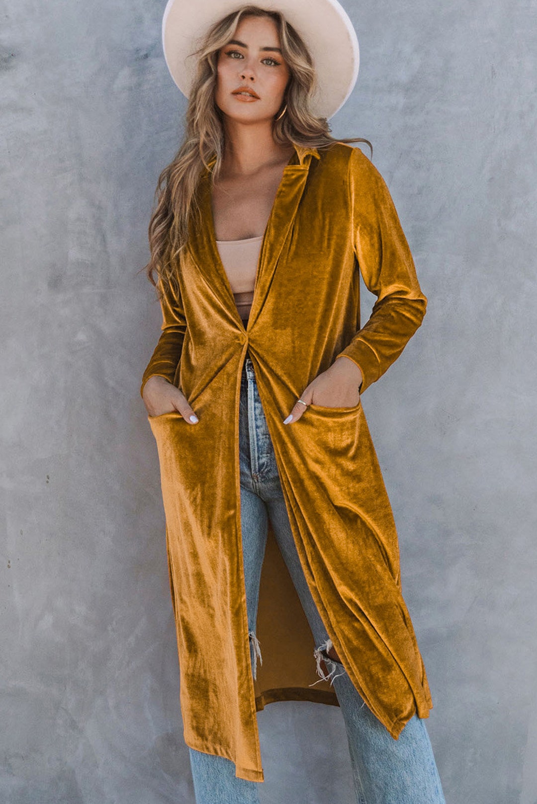 Yellow Velvet Coat Retro Style Velvet Long Sleeve Coat Yellow Velvet ...