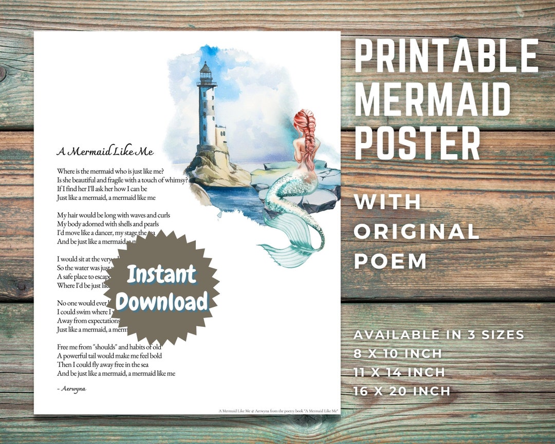 Printable Mermaid Poster Poetry Wall Art "a Mermaid Like Me" - Etsy