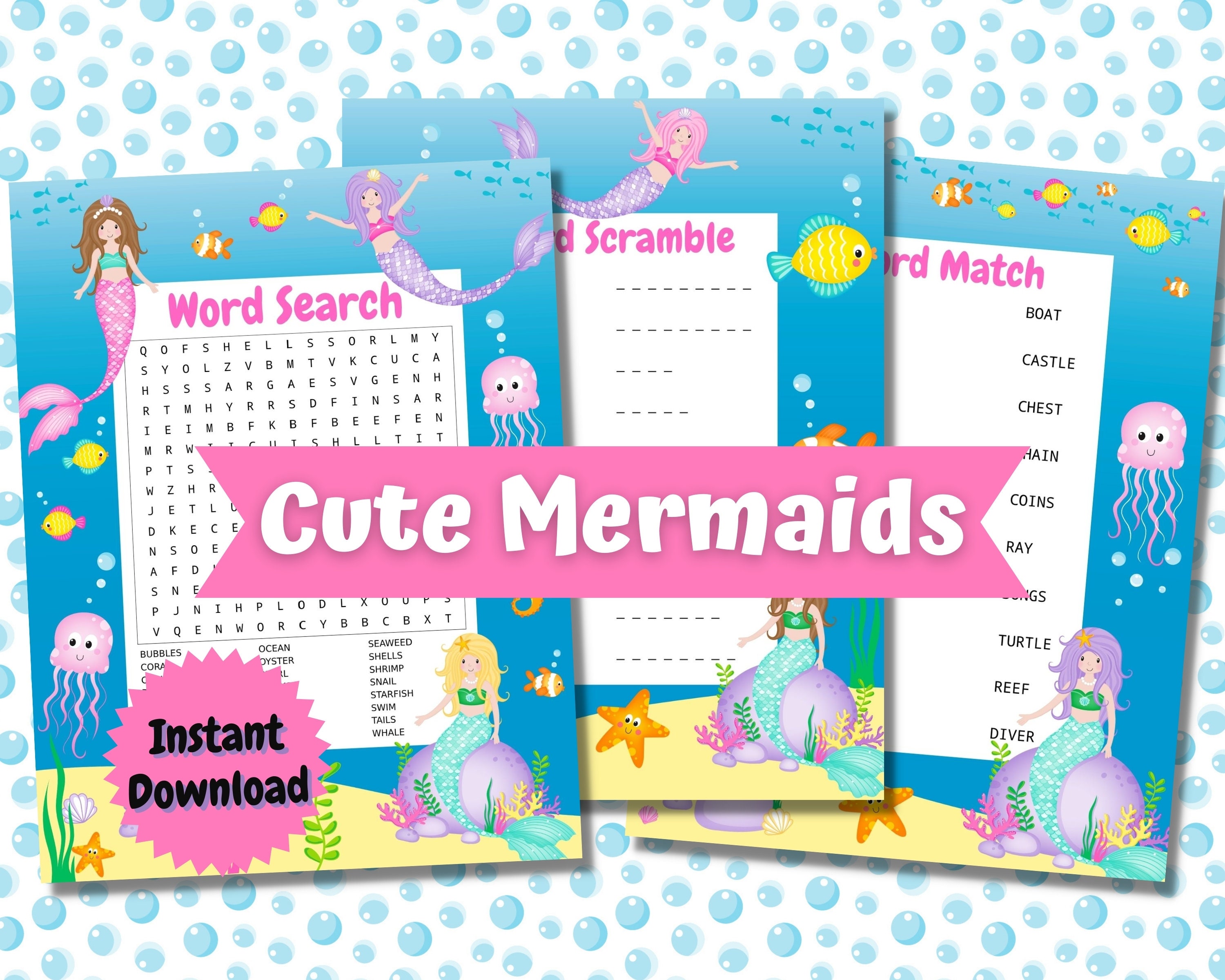 Cute Mermaids - Printable Mermaid Word Search, Word Scramble & Word ...