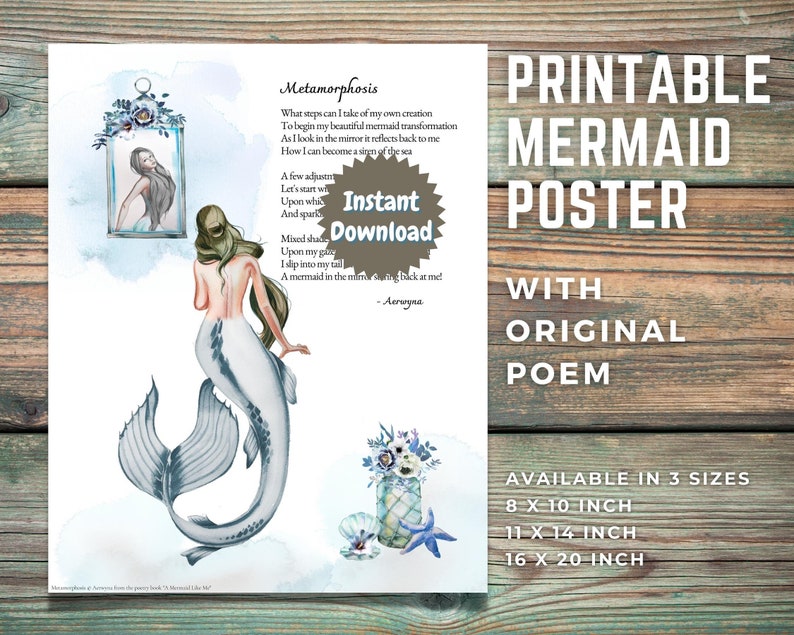 Printable Mermaid Poster Poetry Wall Art "metamorphosis" - Etsy