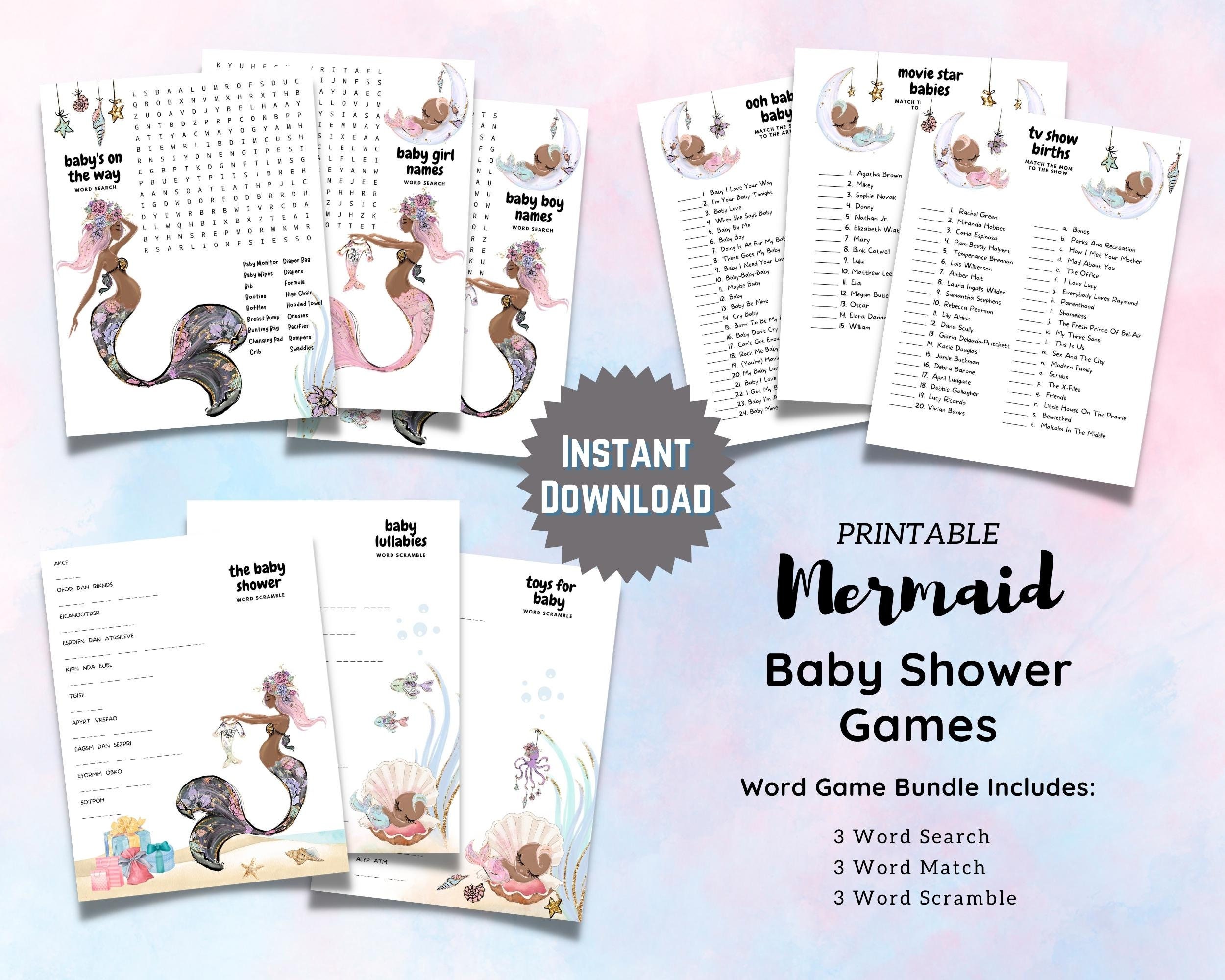 Printable Mermaid Baby Shower Games Dark Skin Tone - Etsy