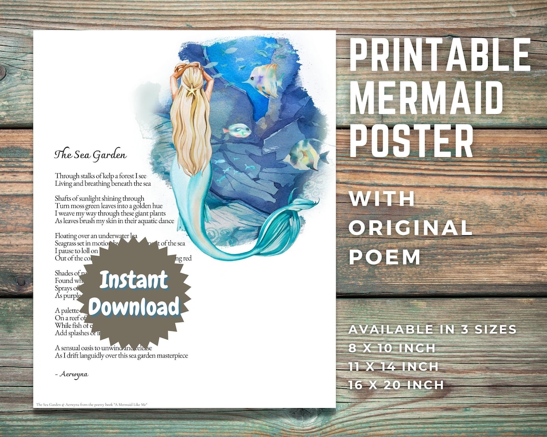Printable Mermaid Poster Poetry Wall Art "the Sea Garden" - Etsy